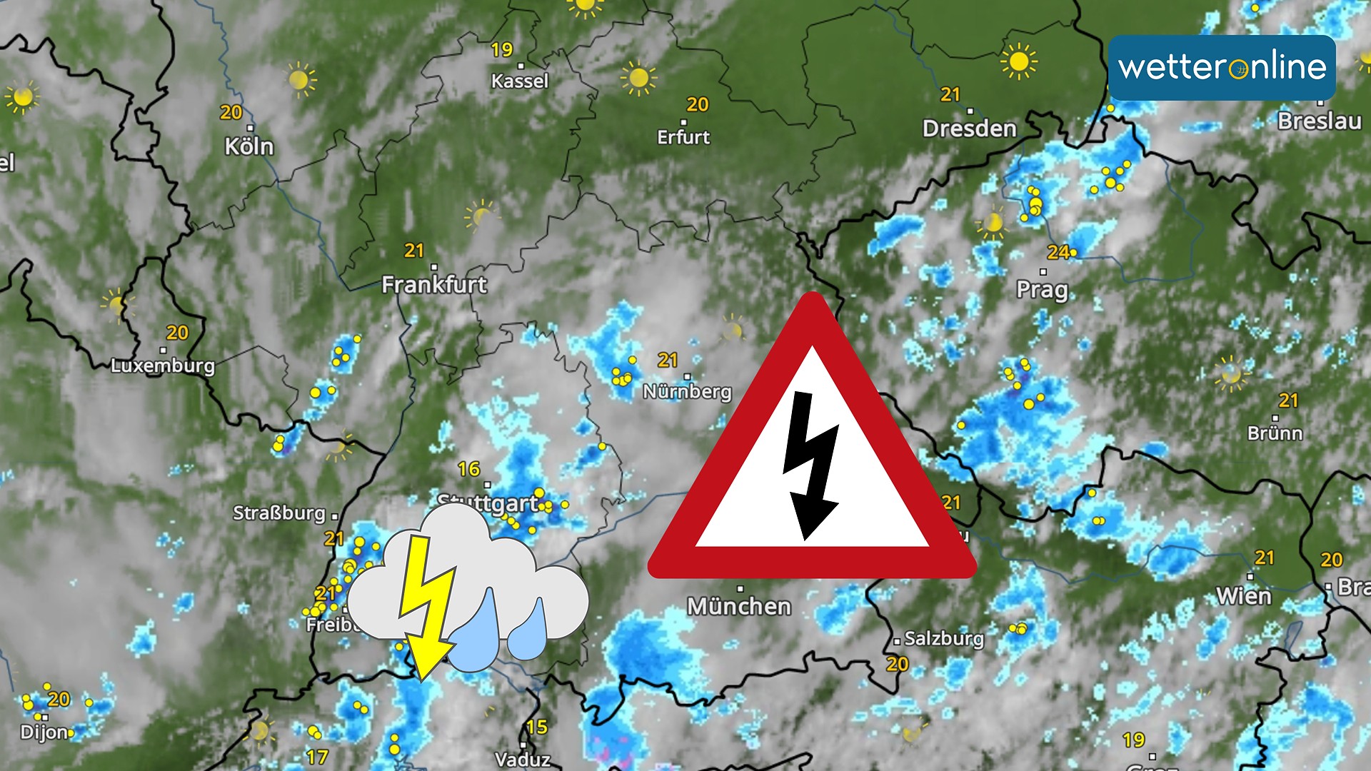 Aktuell im Süden Gewitter unterwegs - Örtlich Starkregen und Hagel