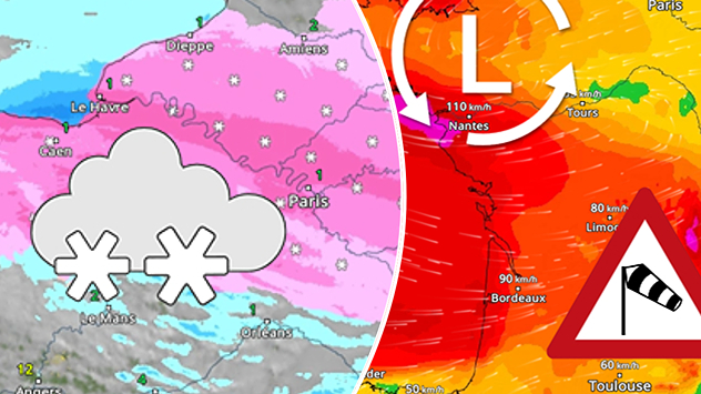 Ook sneeuw in Parijs. Frankrijk: storm, sneeuw en veel regen